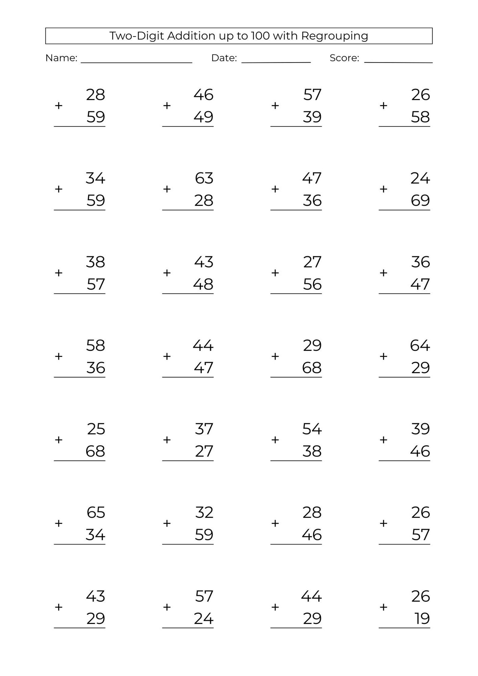 10 Printable Double Digit Addition Worksheets: Regrouping to 100 (PDF ...