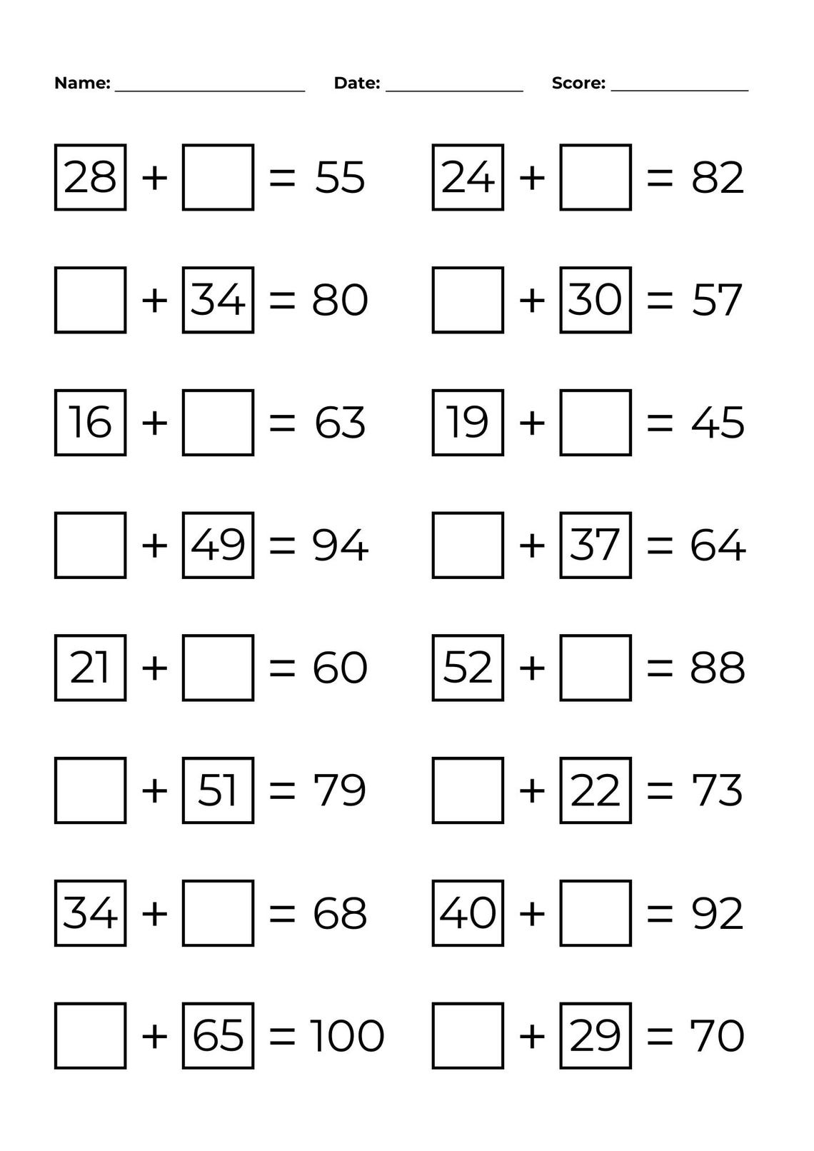10 Printable Missing Addends Worksheets: Addition to 100 (PDF Pattern ...