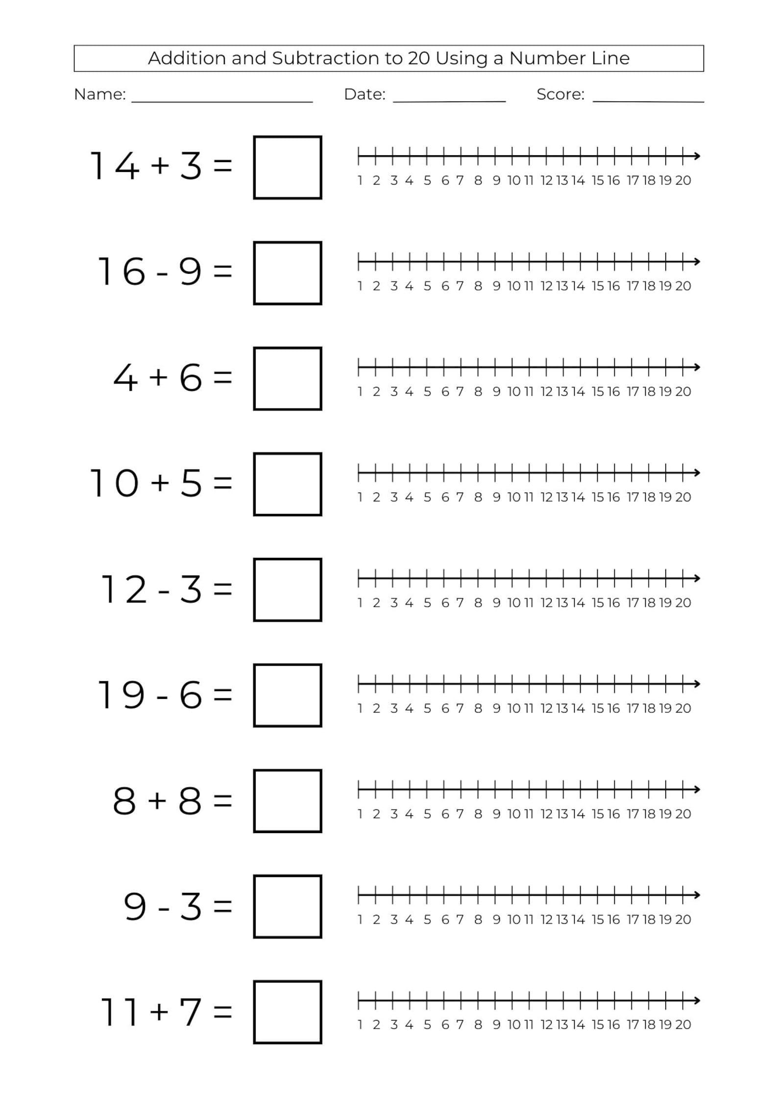 10 Printable Number Line Addition & Subtraction Worksheets: Math to 20 ...