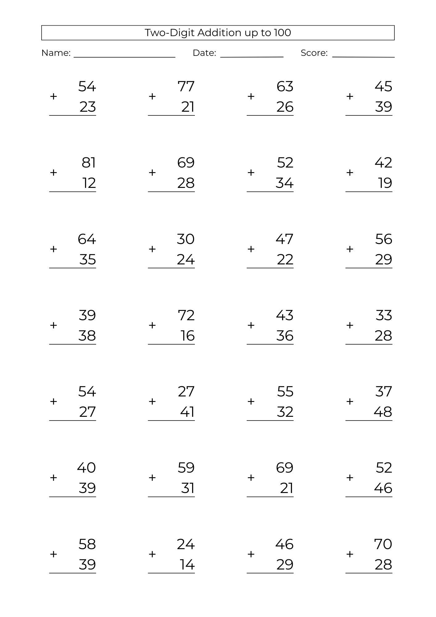 10 Printable Double Digit Addition Worksheets to 100 (PDF) - Etsy