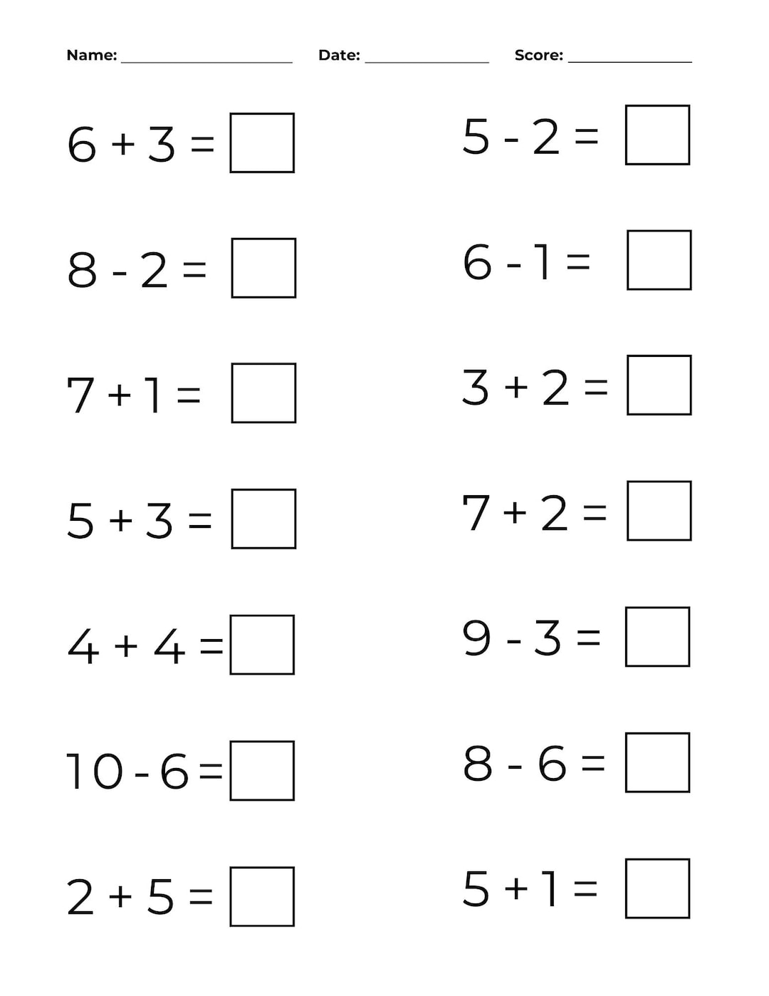 10 Printable Addition to 10 and Subtraction to 10 Worksheets – Single ...