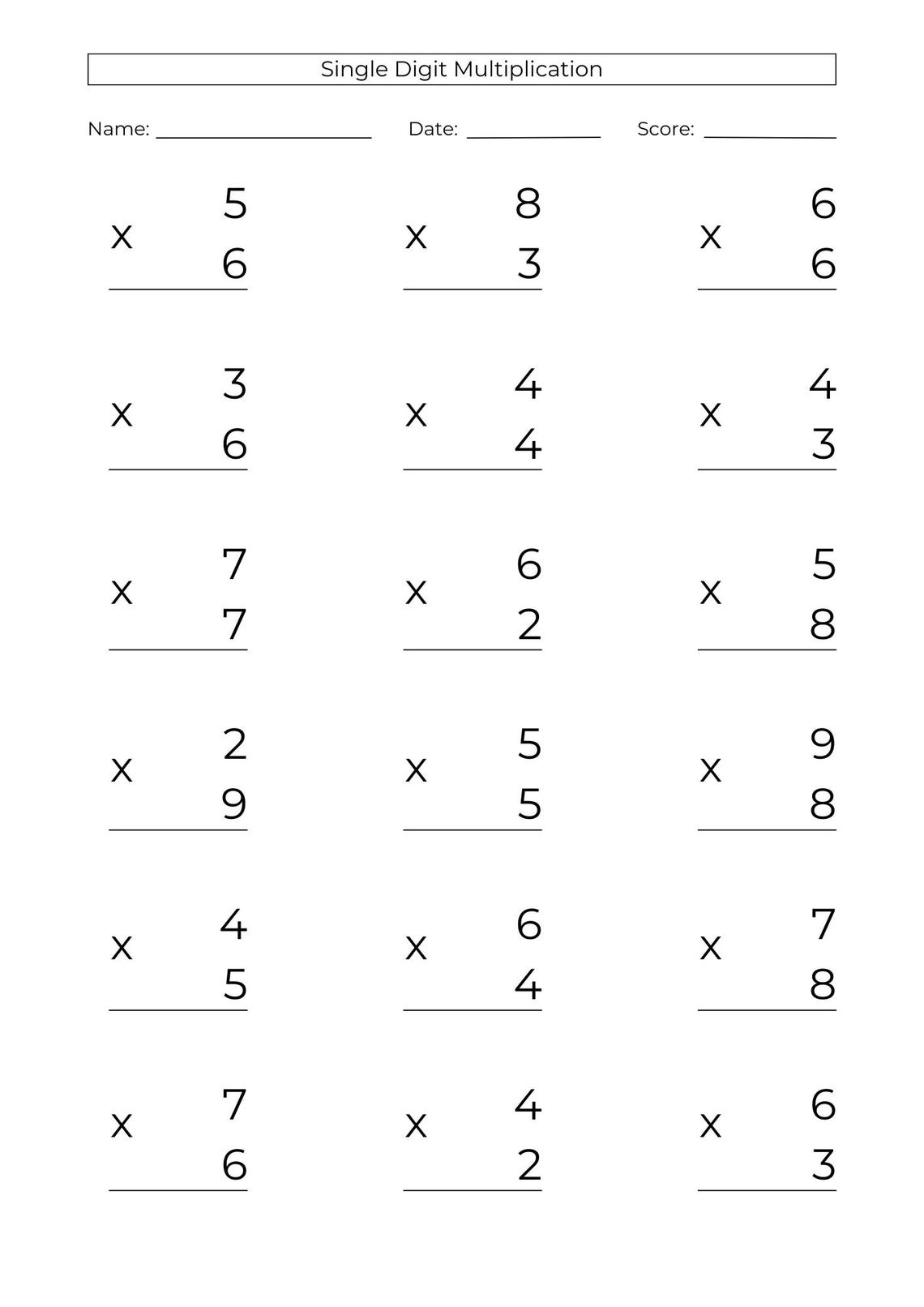 10 Printable Single Digit Multiplication: Multiply in Columns, Column ...