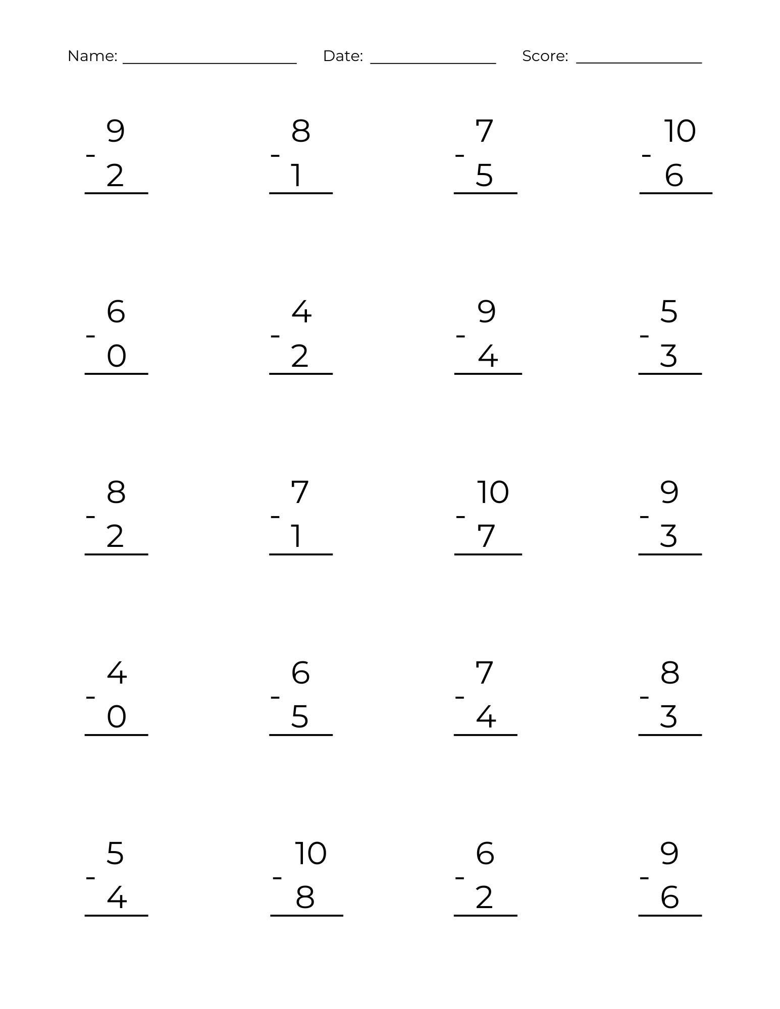 10 Printable Single Digit Subtraction Worksheets: Math Drills to 10 ...