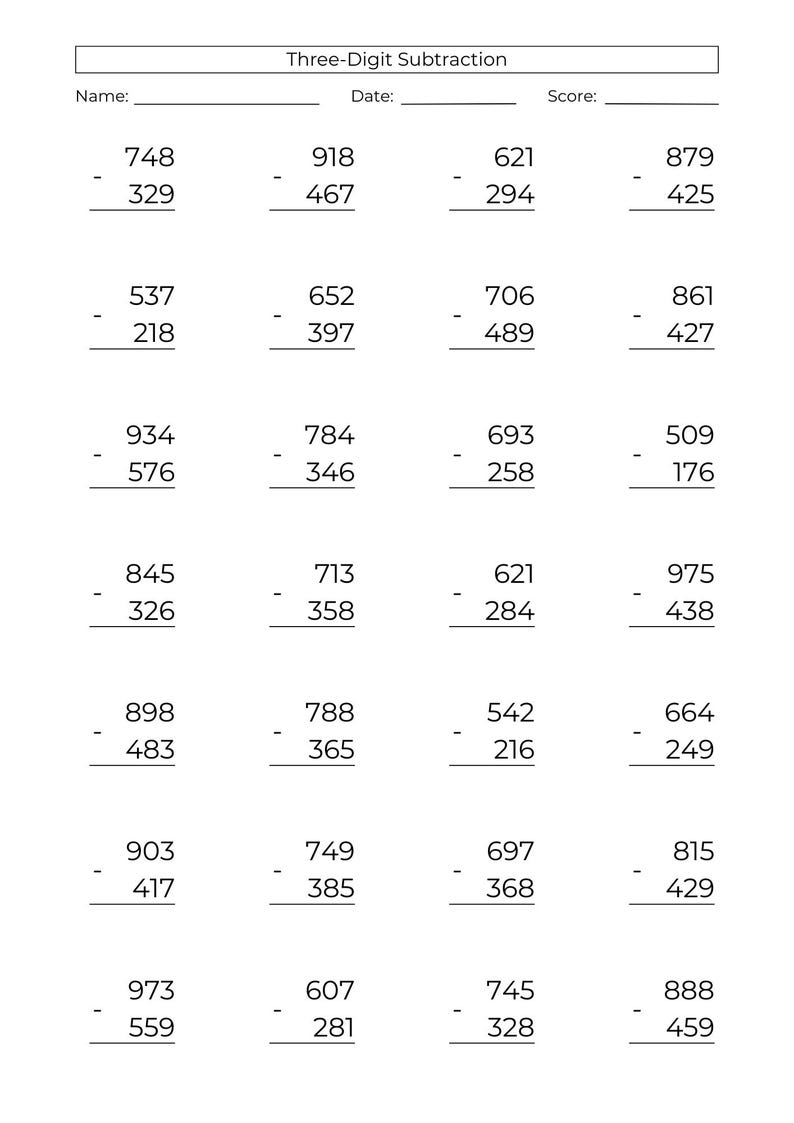 10 Printable 3-digit Subtraction Worksheets: up to 1000, With & Without ...