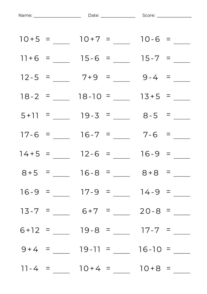 10 Printable Addition Within 20 and Subtraction Within 20 Worksheets ...