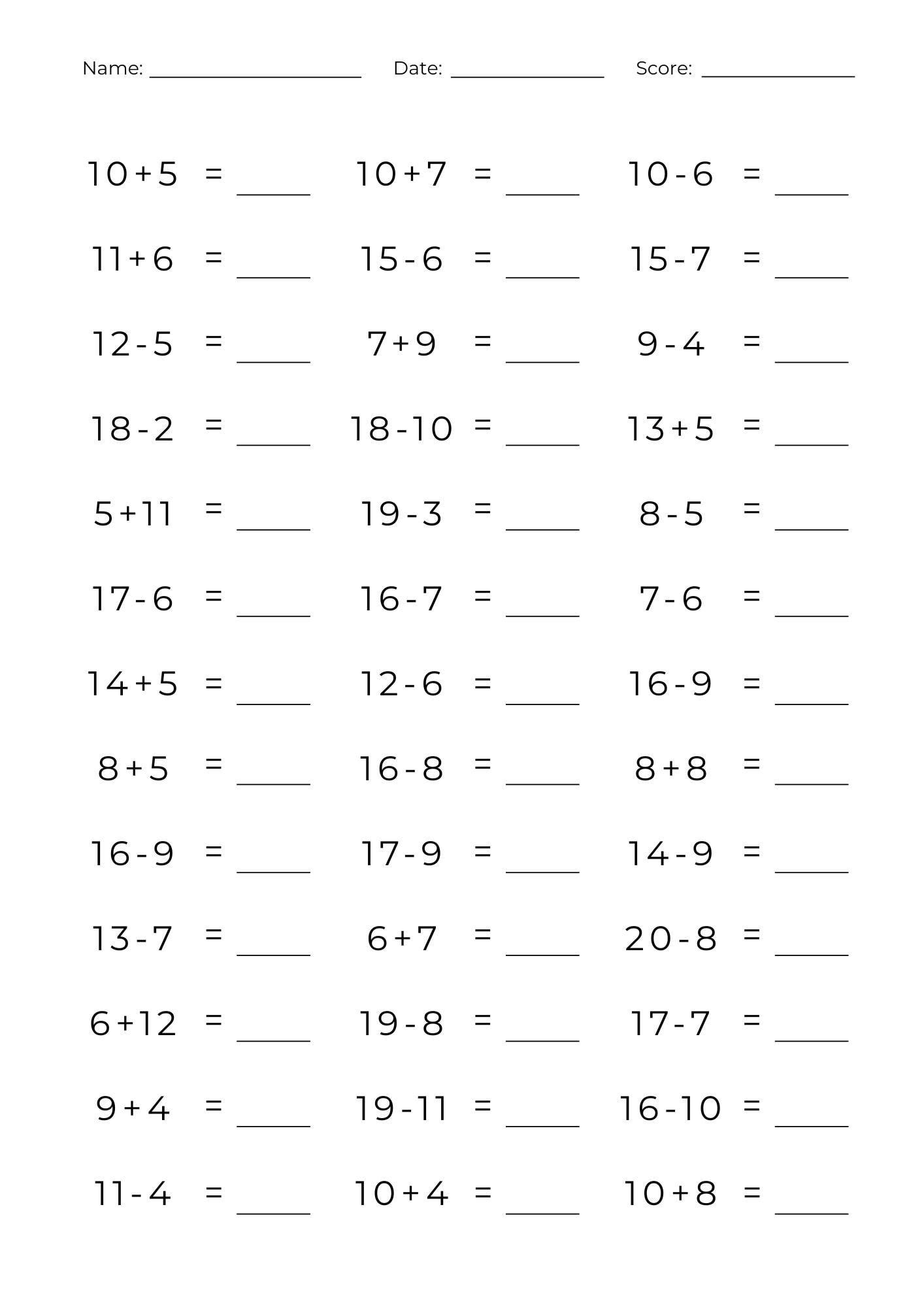 10 Printable Addition & Subtraction Worksheets: Math Practice to 20 ...
