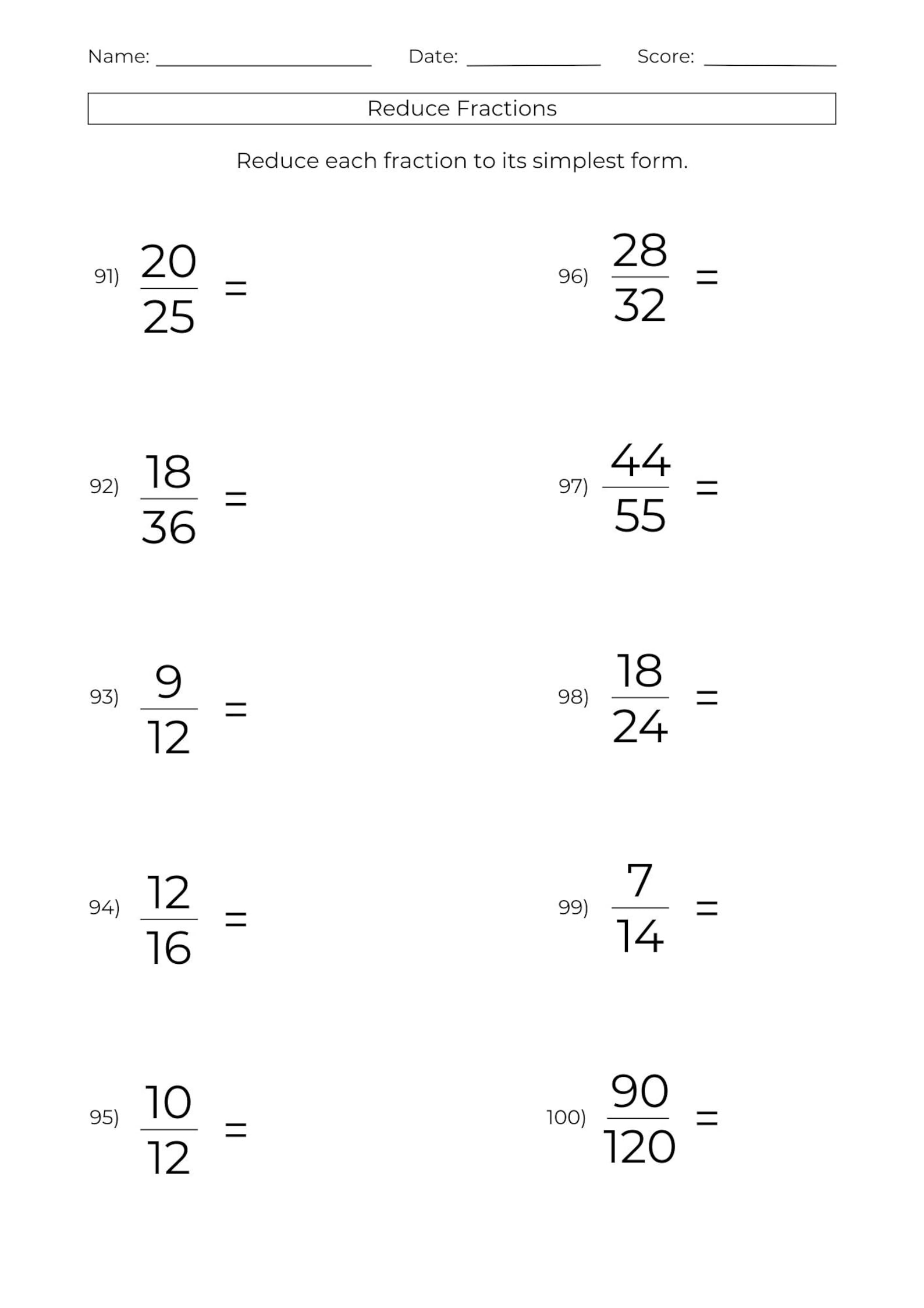 10 Printable Reduce Fractions Worksheets: Math Test Prep for 5th Grade ...