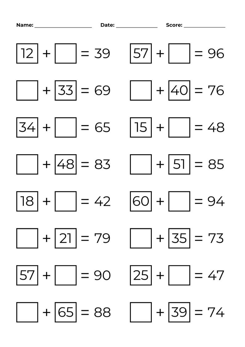 10 Printable Missing Addends Worksheets: Addition to 100 (PDF Pattern ...