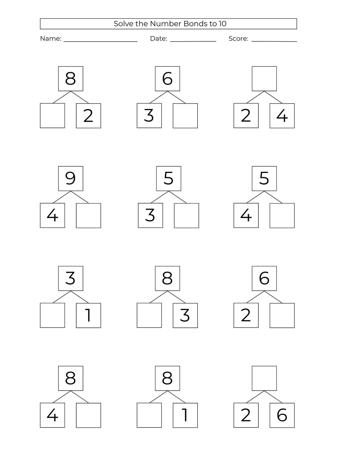 10 Printable Number Bond Worksheets: Fill in the Blanks, Homeschool ...