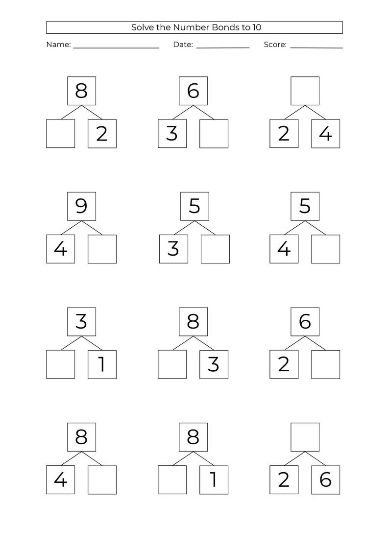 10 Printable Number Bond Worksheets: Fill in the Blanks, Homeschool ...