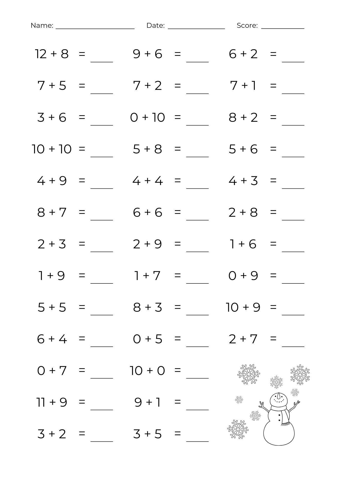 10 Printable Addition and Subtraction to 20 Worksheets Winter Edition ...