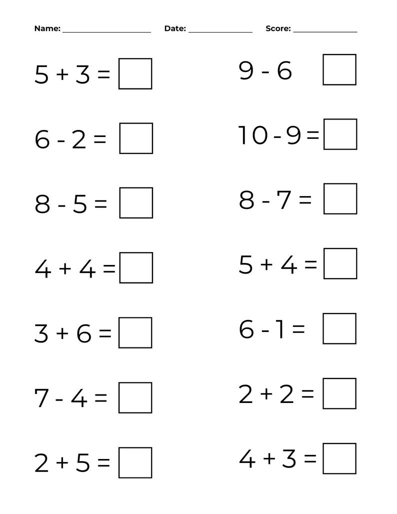 10 Printable Addition to 10 and Subtraction to 10 Worksheets – Single ...