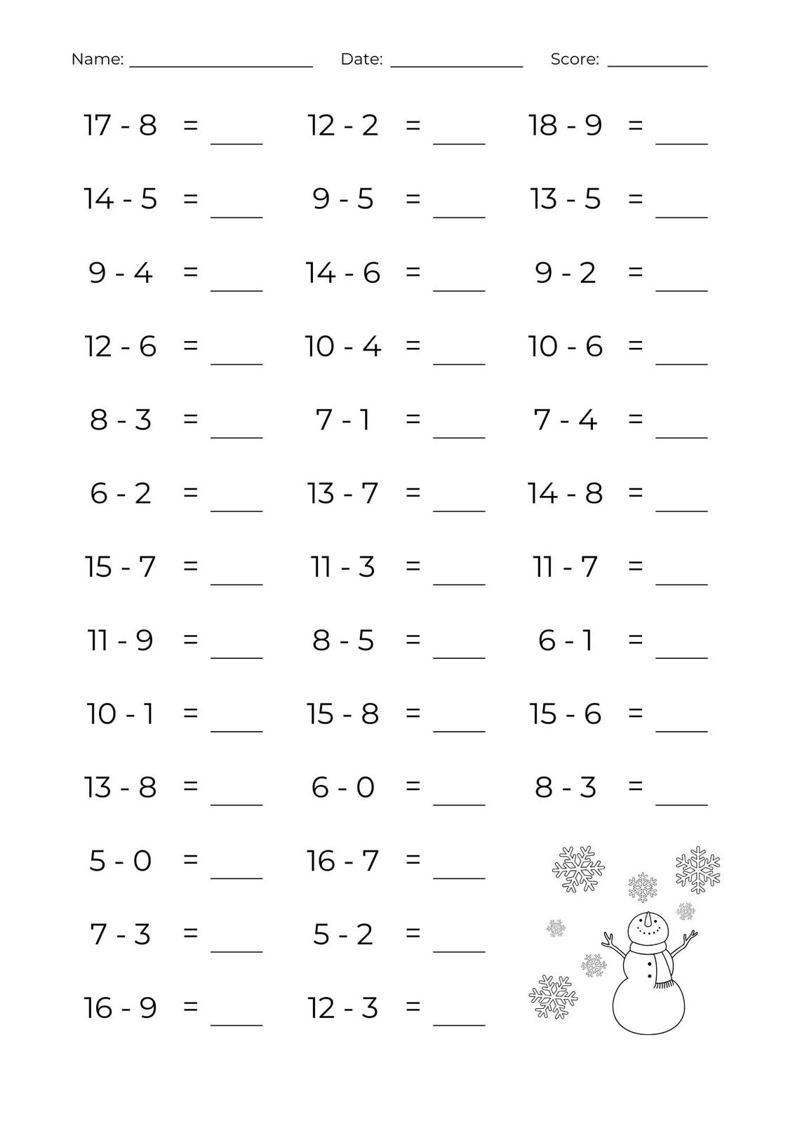 10 Printable Addition and Subtraction to 20 Worksheets Winter Edition ...