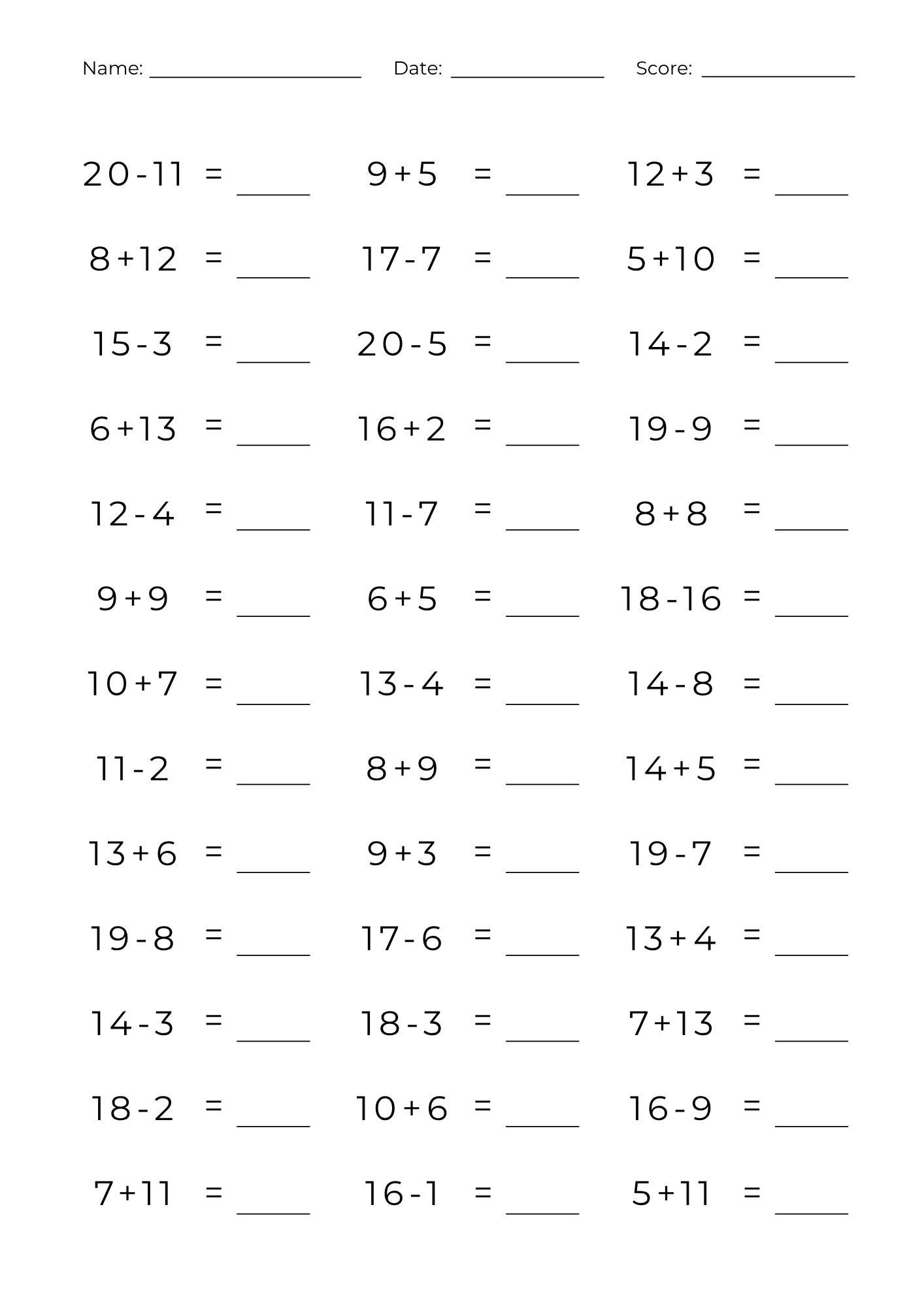 50 Printable Addition and Subtraction to 20 Worksheets: Math Practice ...