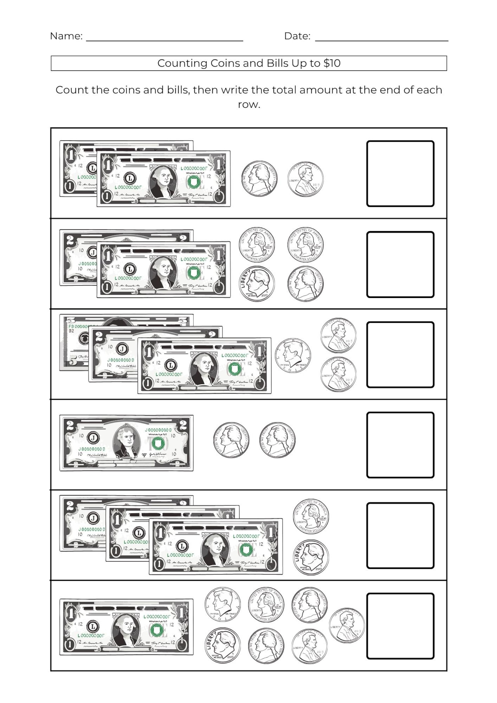 10 Printable Money Counting Worksheets: Coin & Cash Math Activity (PDF ...