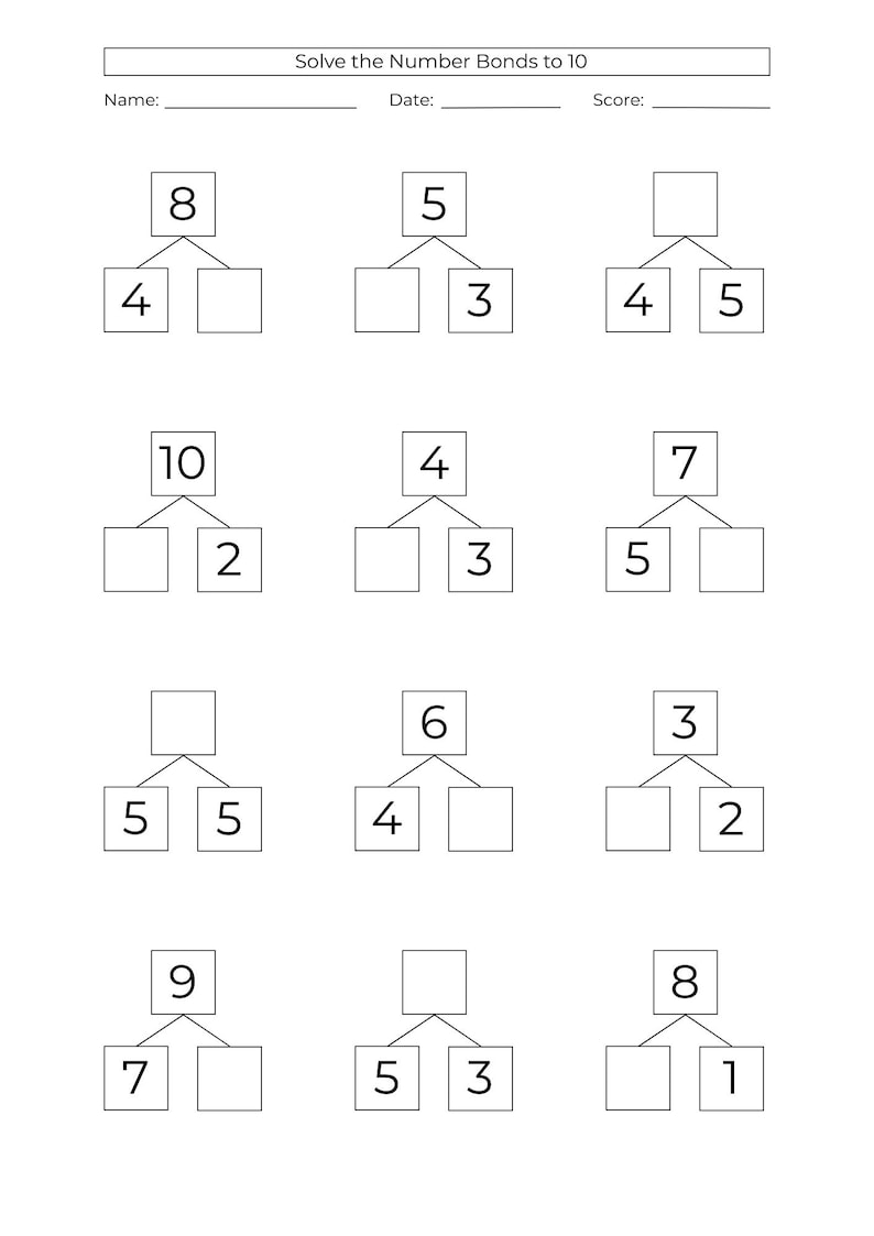 10 Printable Number Bond Worksheets: Fill in the Blanks, Homeschool ...