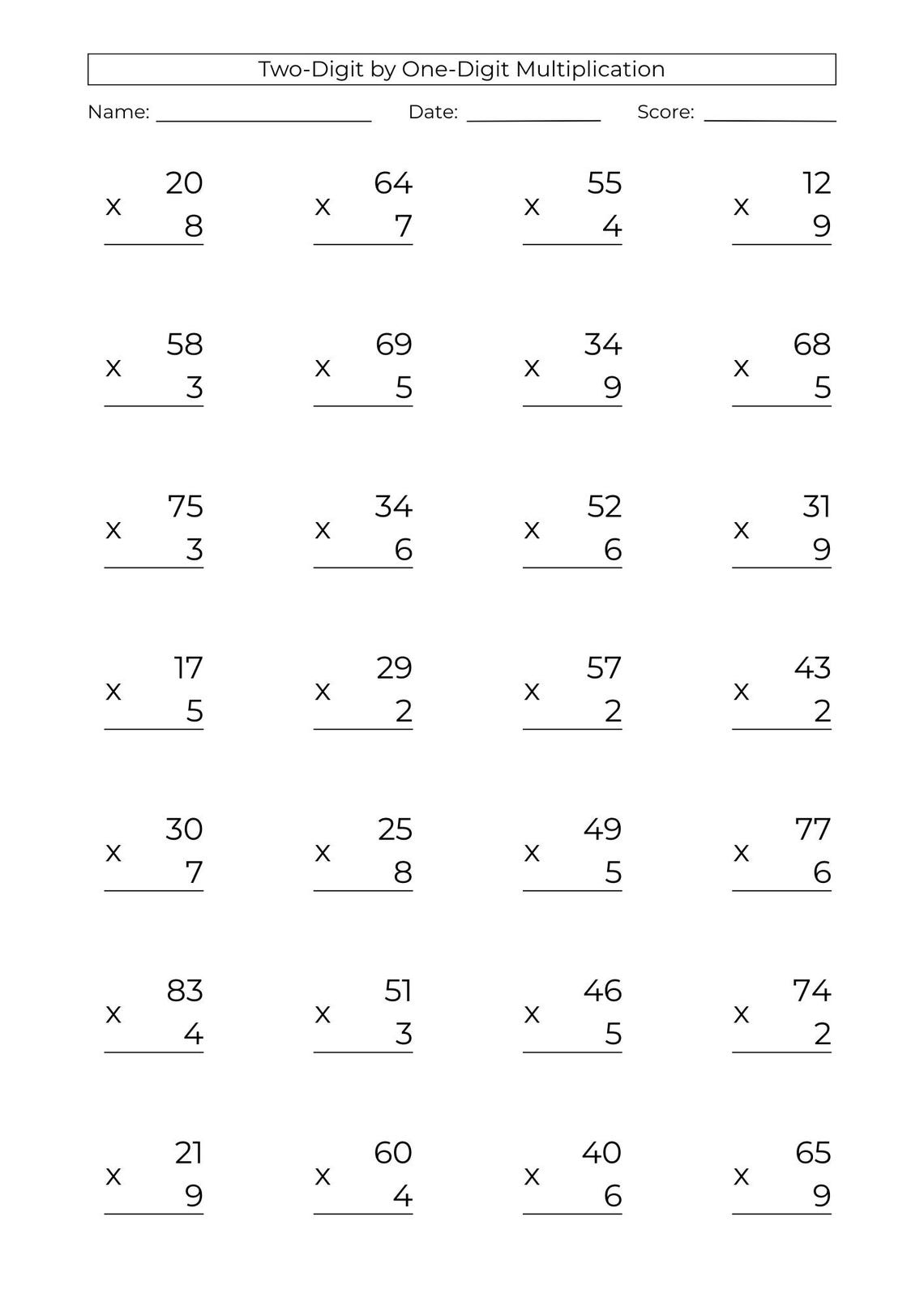 10 Printable 2 Digit by 1 Digit Multiplication Worksheets: Mental Math ...