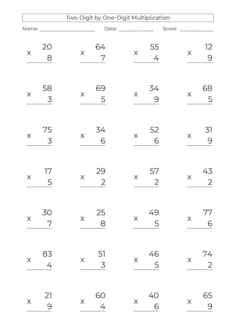 10 Printable 2 Digit by 1 Digit Multiplication Worksheets: Mental Math ...