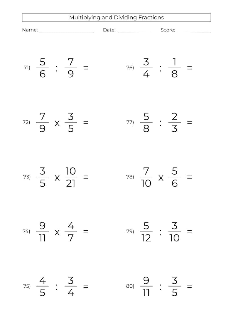 10 Printable Multiplying Fractions and Dividing Fractions Worksheets ...