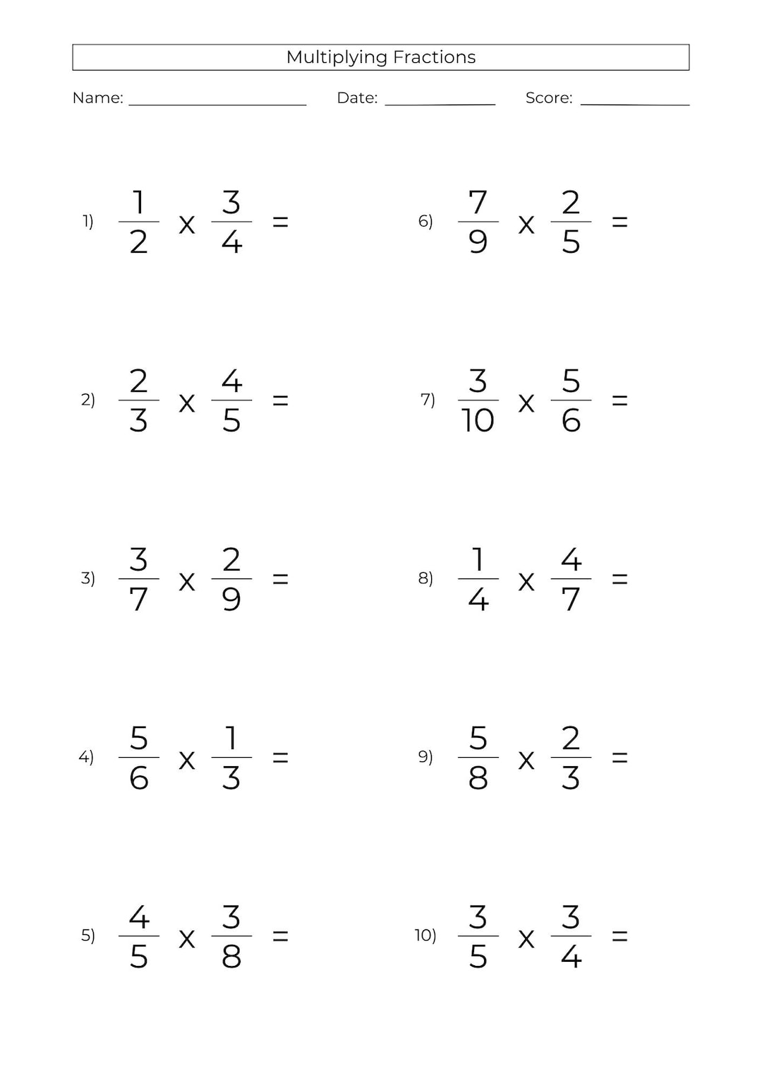 10 Printable Multiplying & Dividing Fractions Worksheets – 5th Grade ...