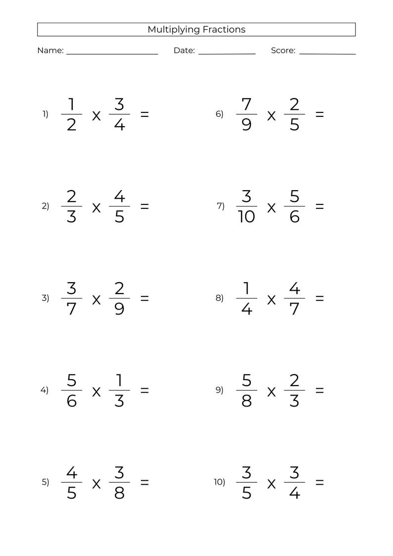 10 Printable Multiplying Fractions and Dividing Fractions Worksheets ...