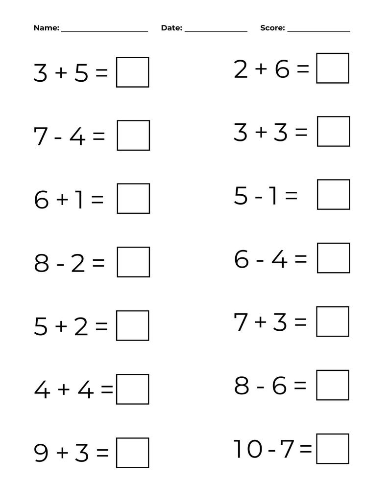 10 Printable Addition to 10 and Subtraction to 10 Worksheets – Single ...