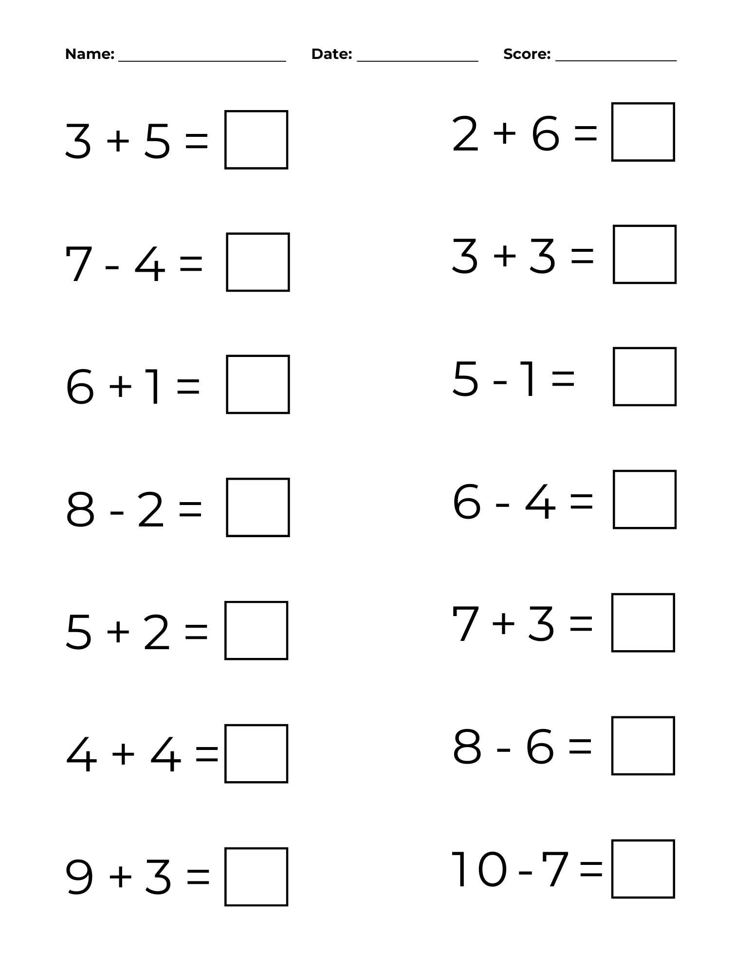 10 Printable Addition to 10 and Subtraction to 10 Worksheets – Single ...