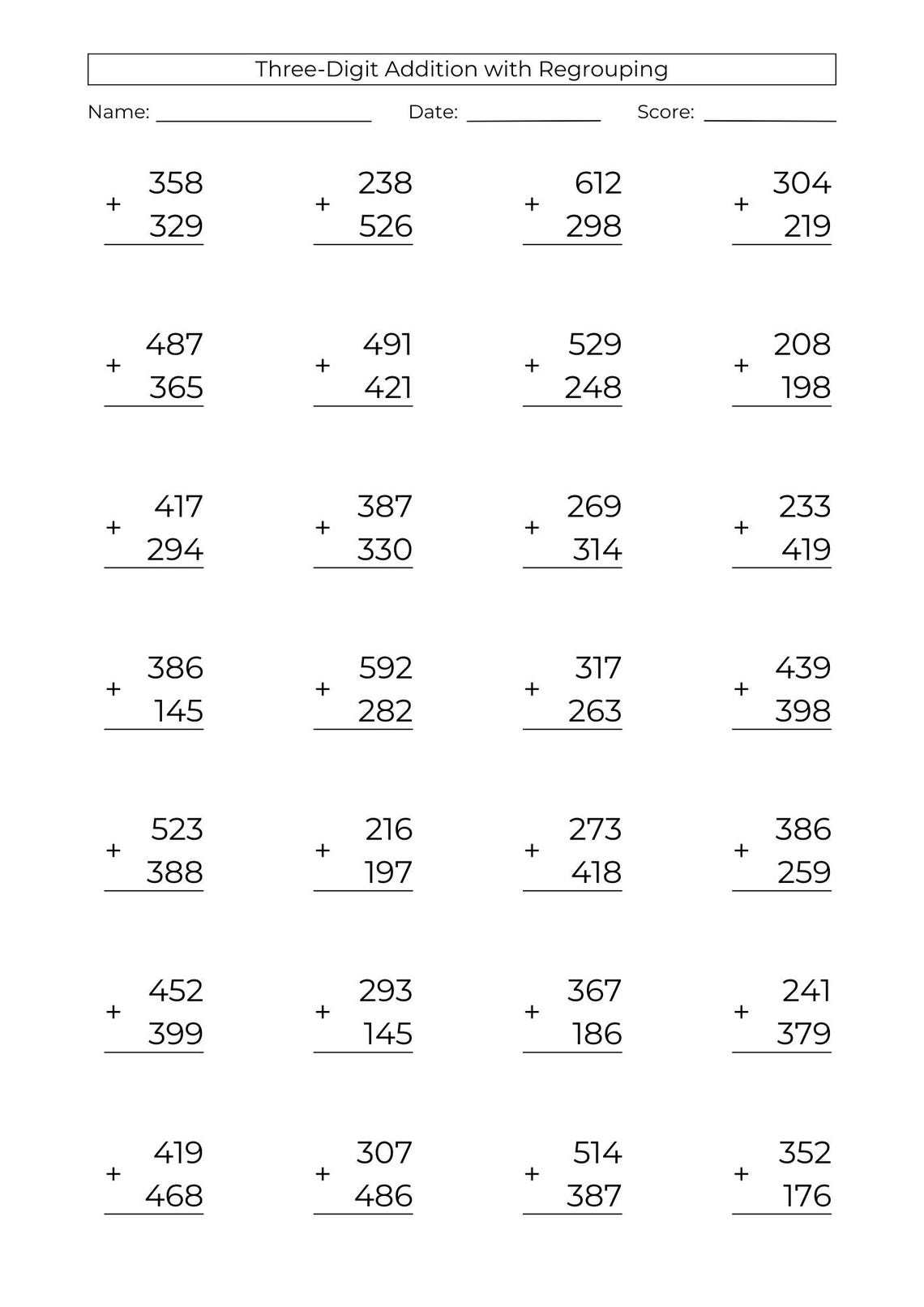 10 Printable 3 Digit Addition With Regrouping Worksheets 3 Digit ...