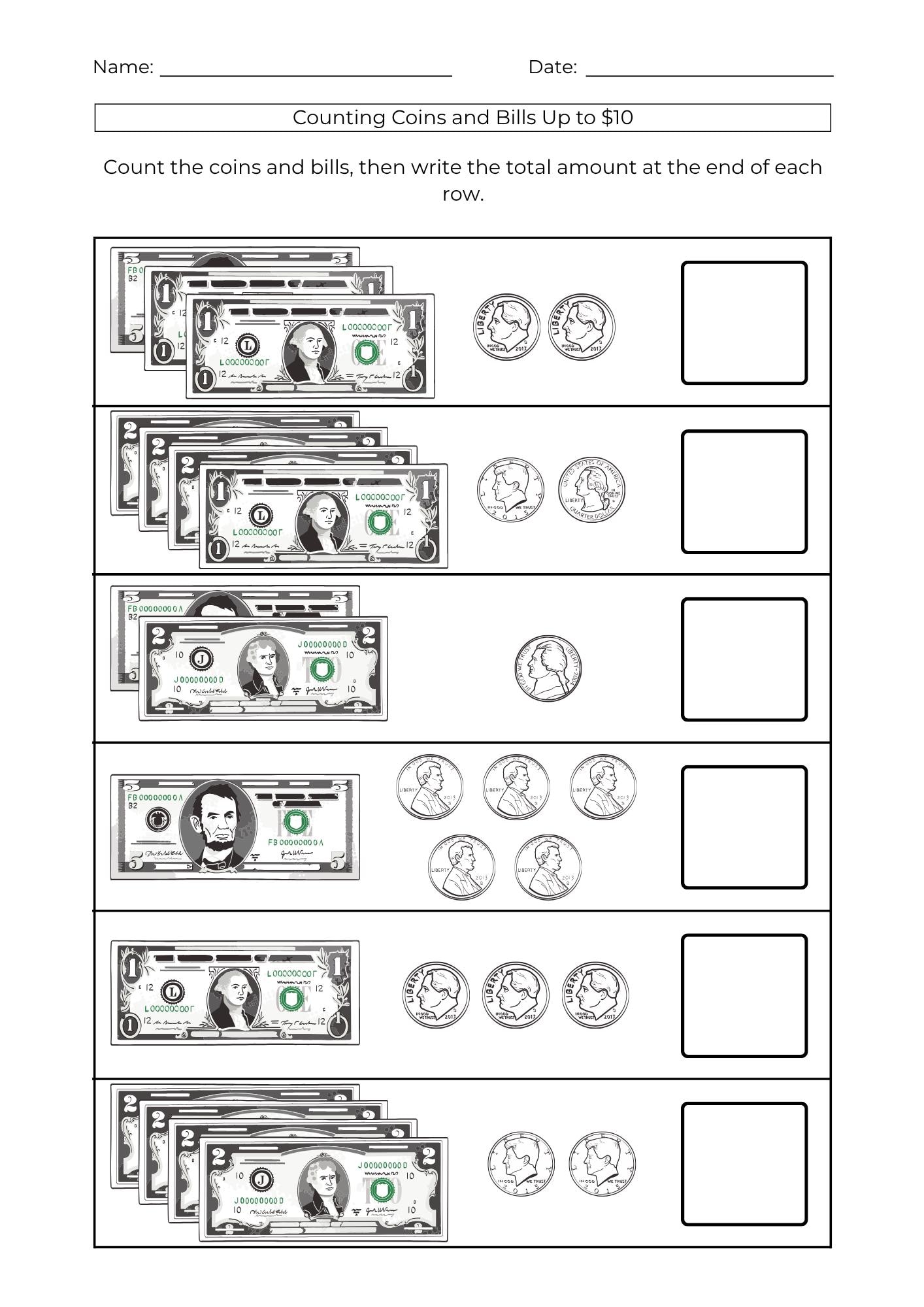 10 Printable Money Counting Worksheets: Coin & Cash Math Activity (PDF ...