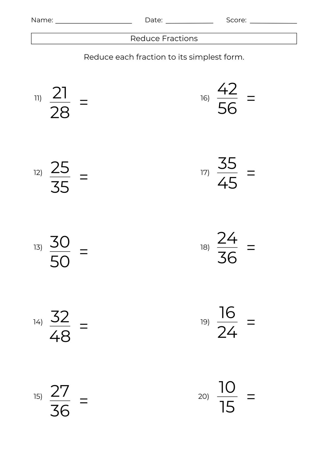 10 Printable Reduce Fractions Worksheets: Math Test Prep for 5th Grade ...