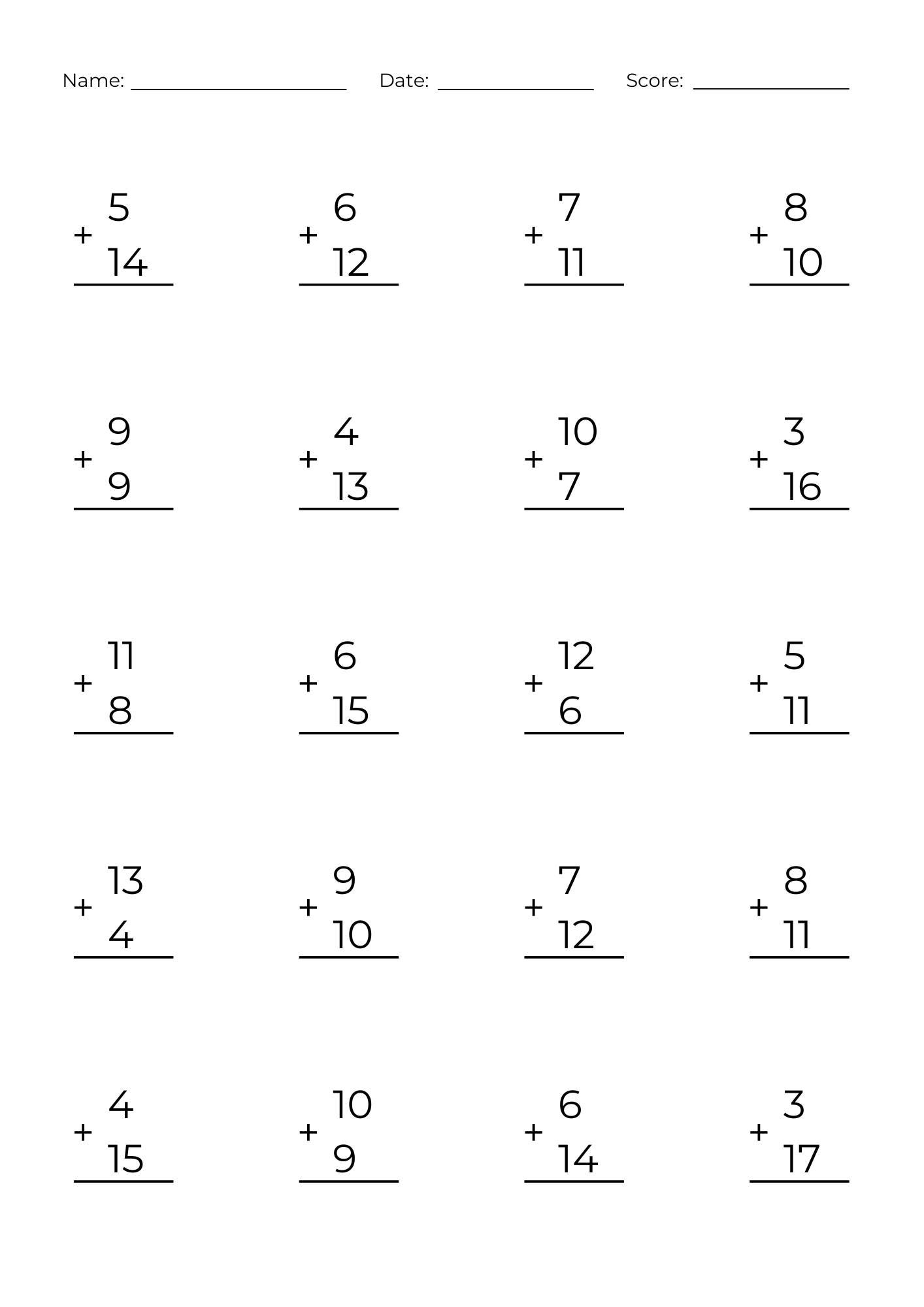 50 Printable Addition and Subtraction to 20 Worksheets: Math Practice ...
