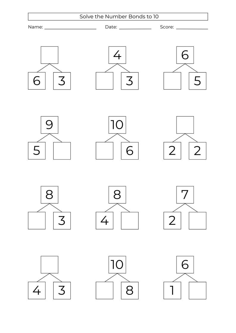 10 Printable Number Bond Worksheets: Fill in the Blanks, Homeschool ...