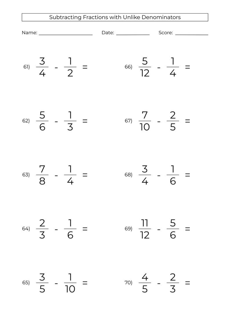 10 Printable Adding & Subtracting Fractions Worksheets: 4th-5th Grade ...