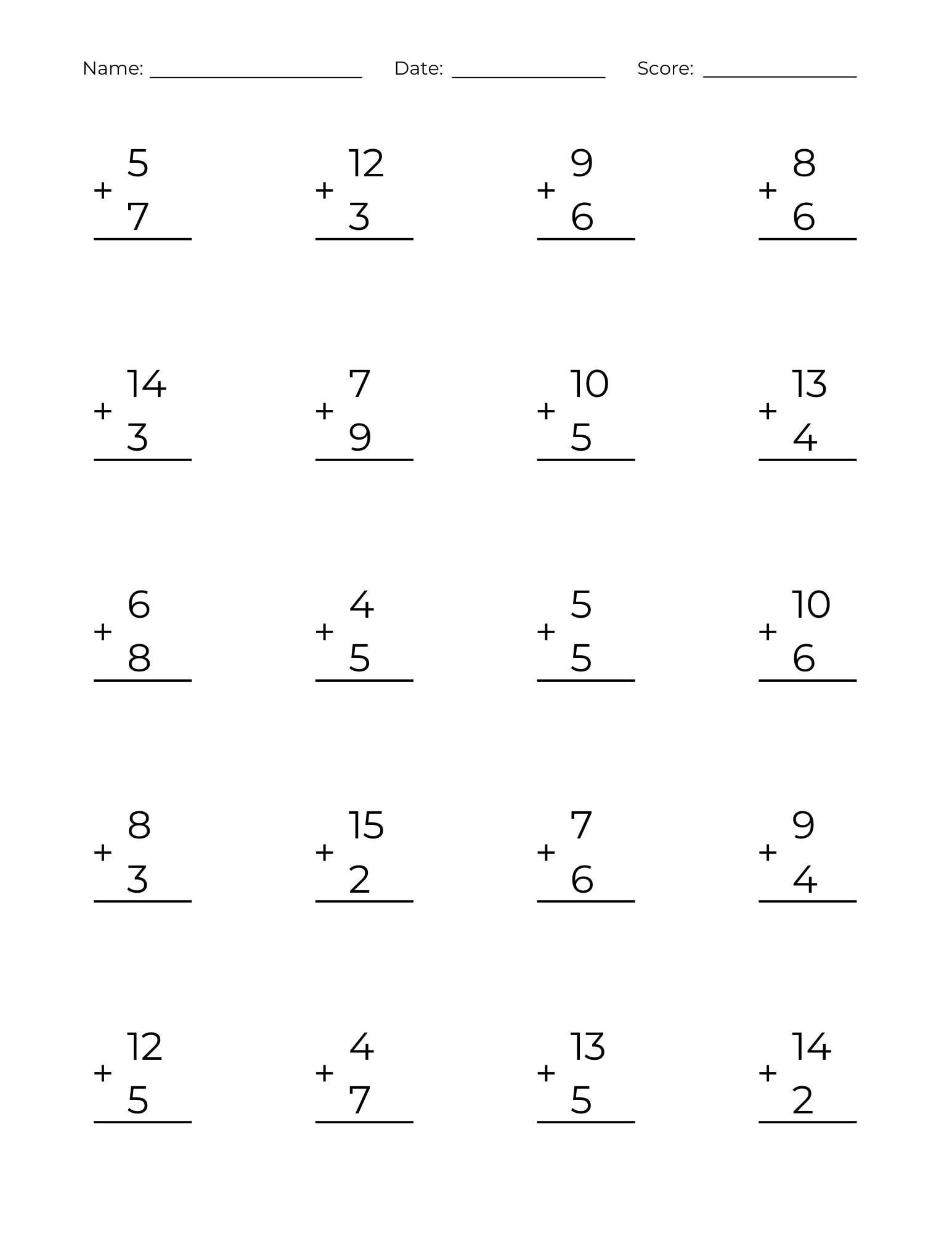 10 Printable Addition to 20 Worksheets Column Addition Drills ...