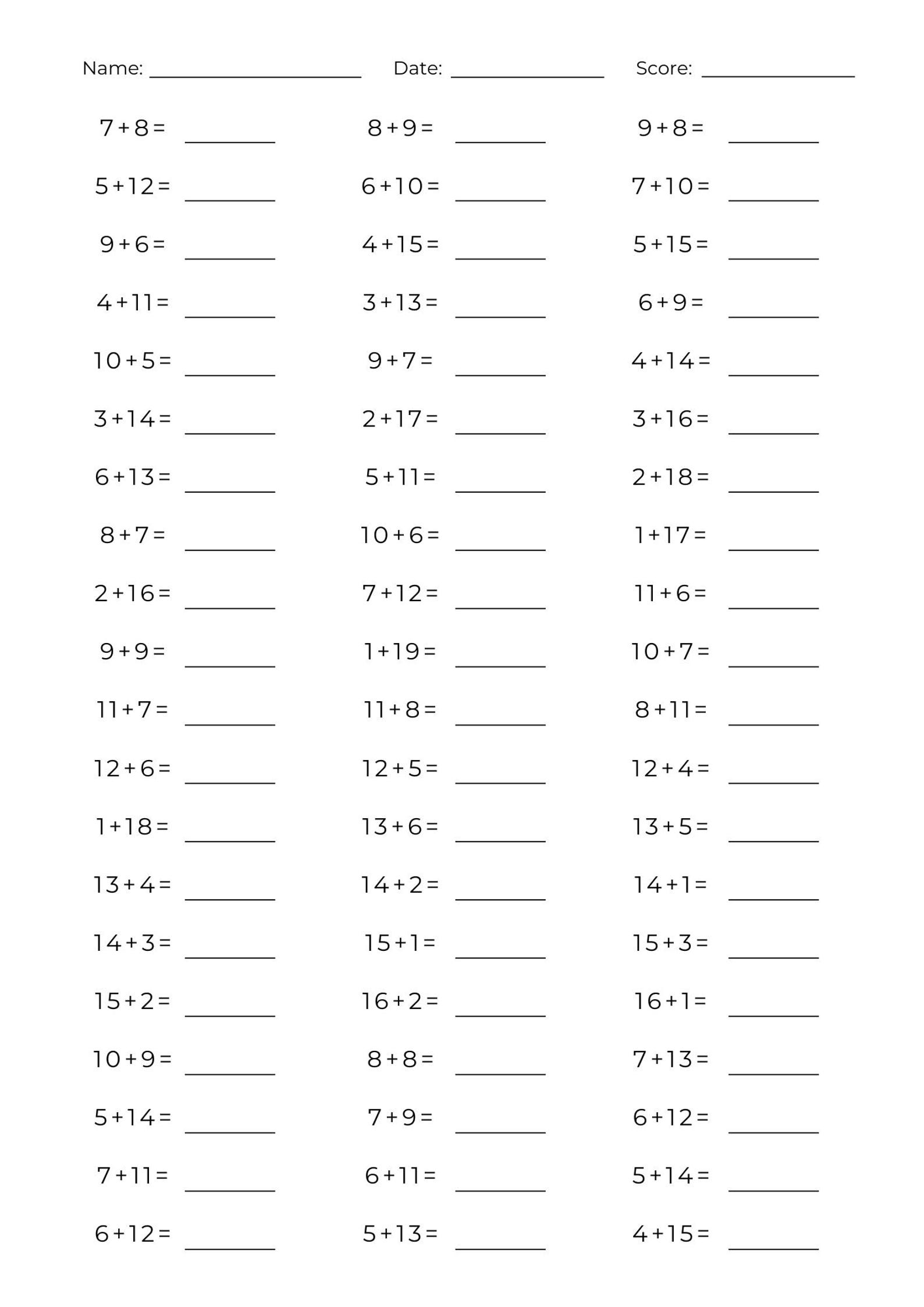 20 Printable Addition & Subtraction Worksheets to 20: Math Practice ...