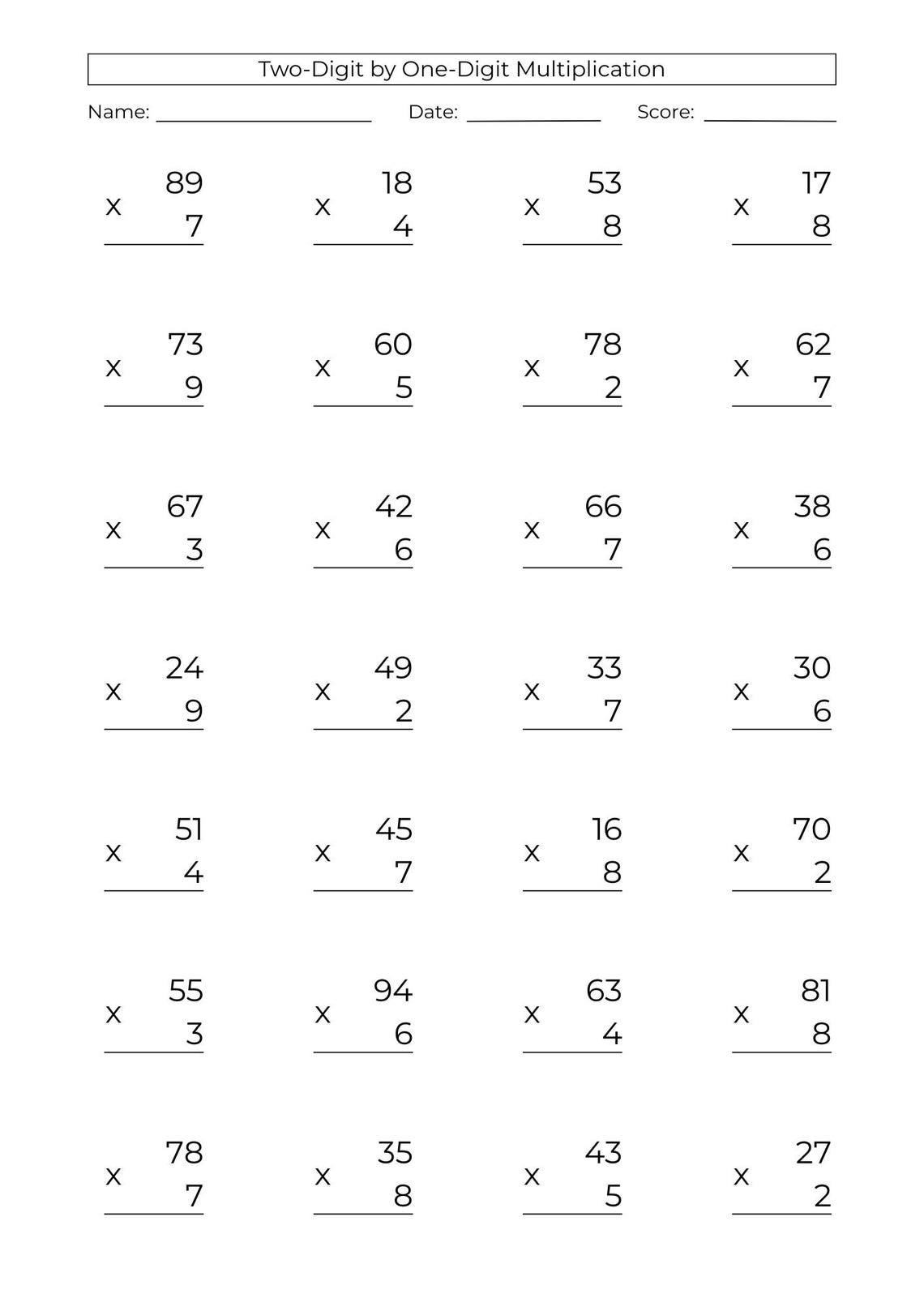 10 Printable 2 Digit by 1 Digit Multiplication Worksheets: Mental Math ...