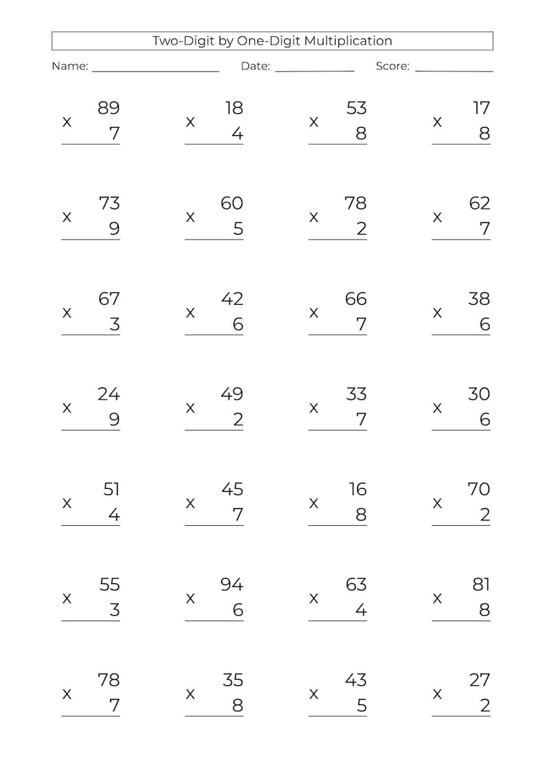 10 Printable 2 Digit by 1 Digit Multiplication Worksheets – Multiply 2 ...