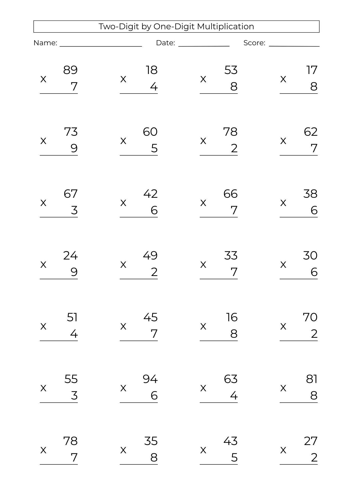 10 Printable 2 Digit by 1 Digit Multiplication Worksheets: Mental Math ...