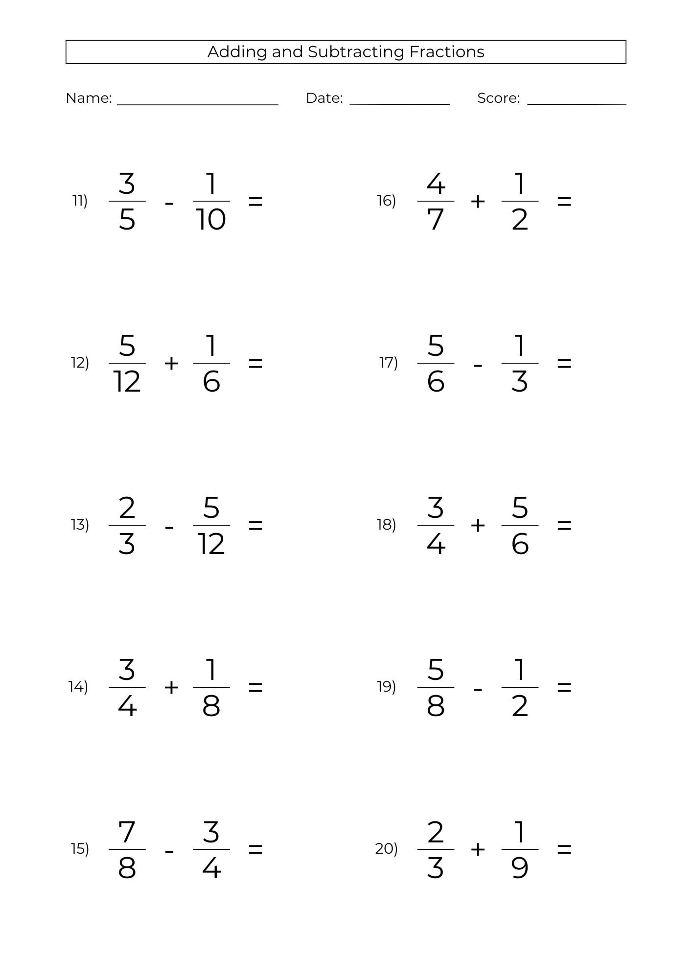 10 Printable Adding and Subtracting Fractions Worksheets – Adding ...