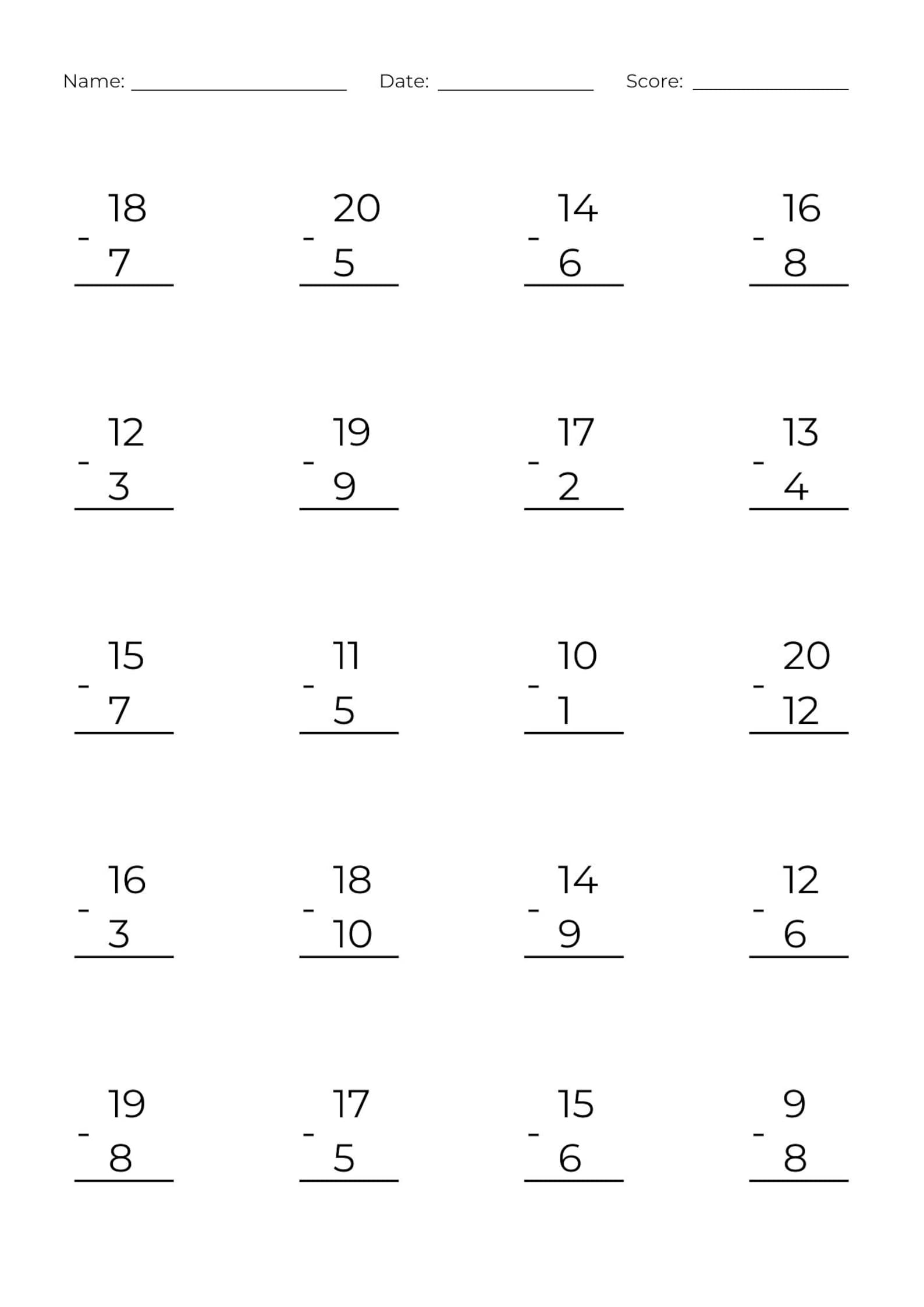 50 Printable Addition and Subtraction to 20 Worksheets: Math Practice ...