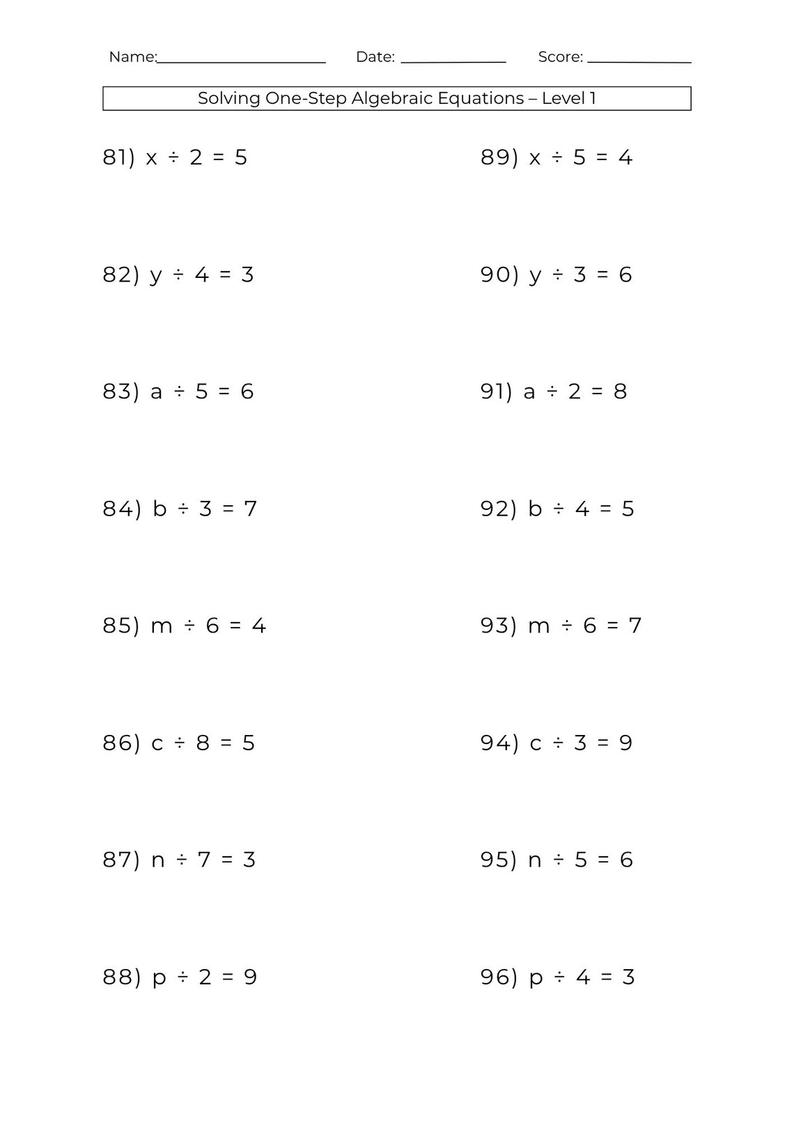 10 Printable One Step Algebra Equation and Two Step Algebra Equations ...