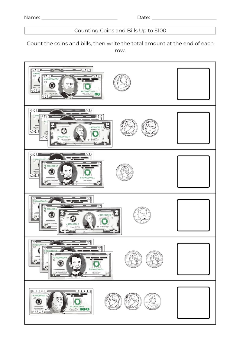 10 Printable Money Counting Worksheets: Coin & Cash Math Activity (PDF ...