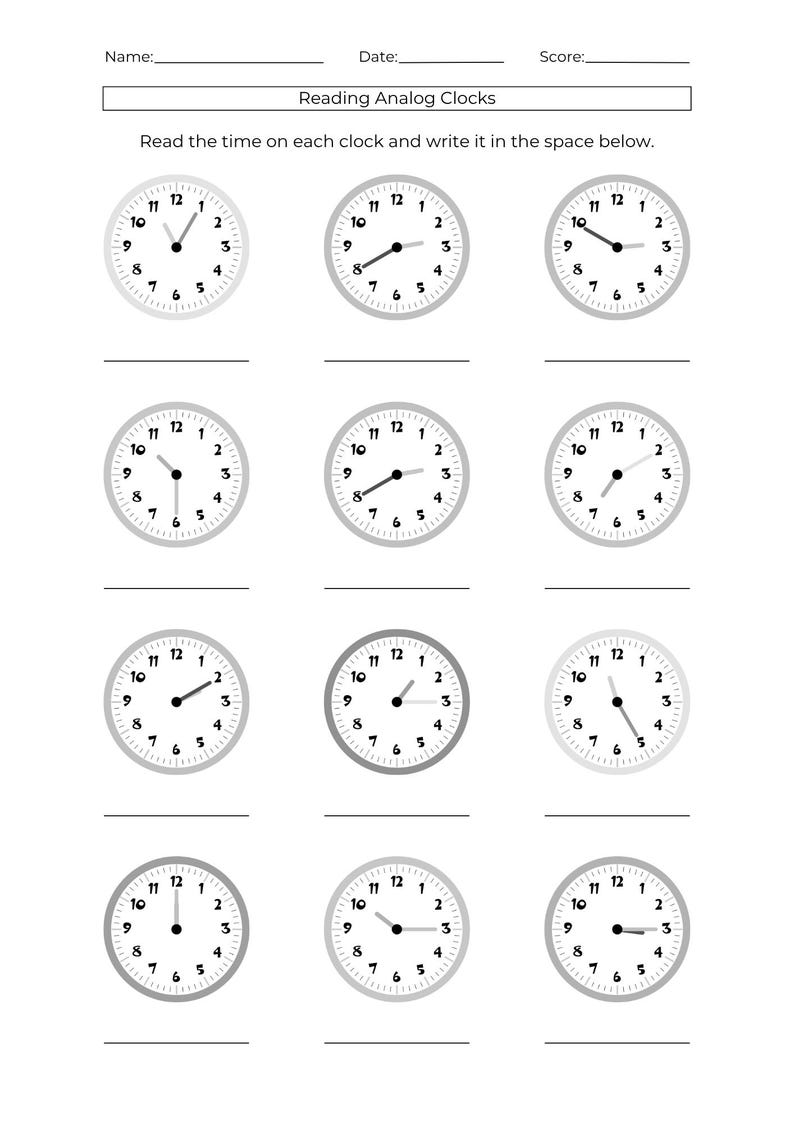 10 Printable Analog Clock Practice Worksheets: Time Telling Learning ...