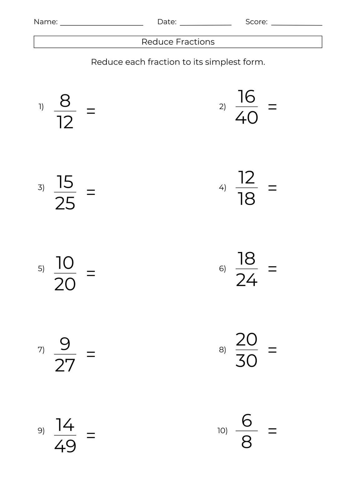 10 Printable Reduce Fractions Worksheets: Math Test Prep for 5th Grade ...
