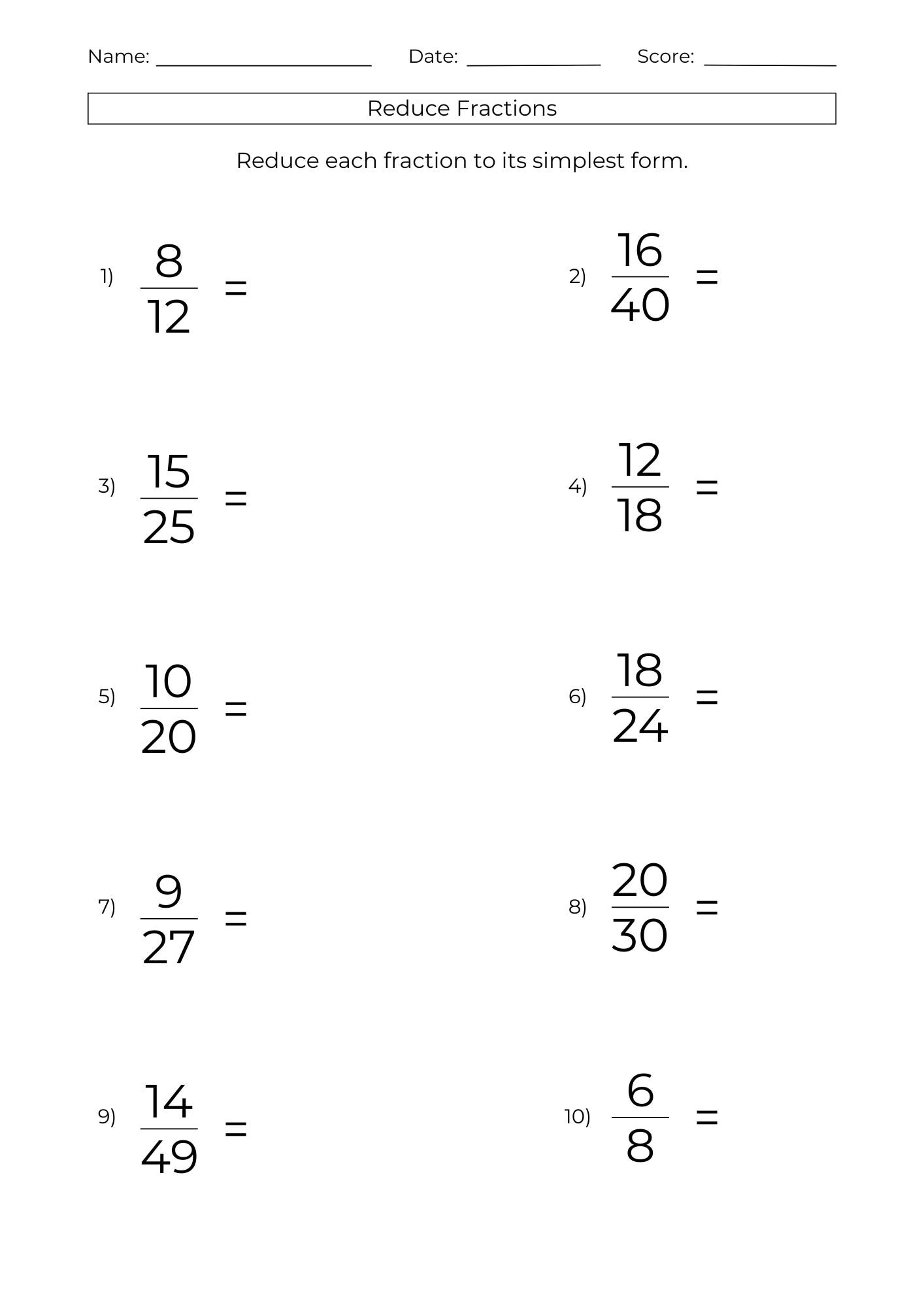 10 Printable Reduce Fractions Worksheets – Simplifying Fractions ...