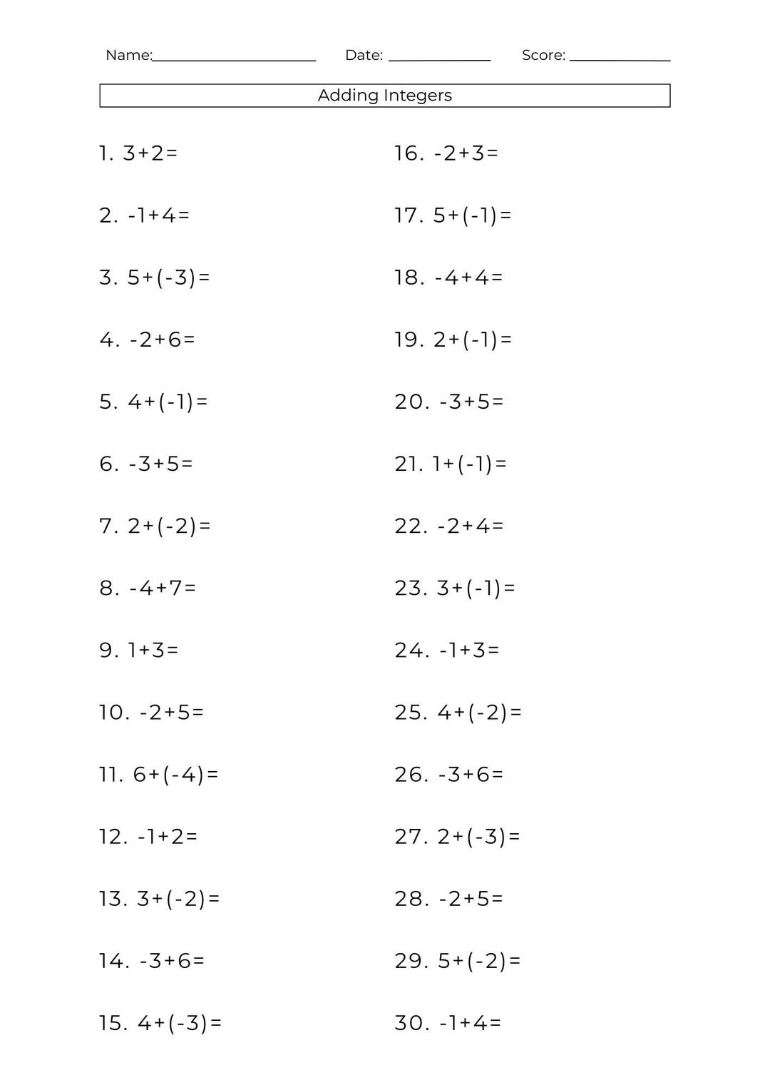 10 Printable Addition and Subtraction of Integers Worksheets Add and ...
