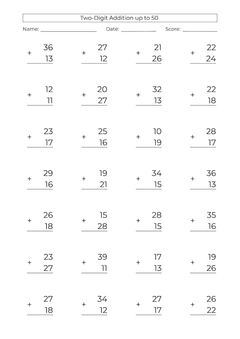 10 Printable Addition to 50 Worksheets – 2 Digit Addition Double Digit ...
