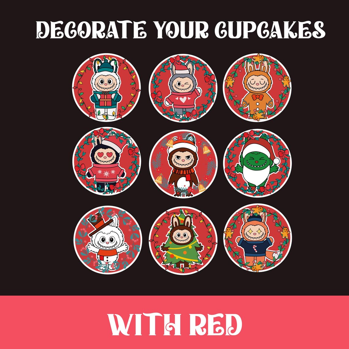 Labubu Christmas Cupcake Toppers – Festive Red & Green Holiday Designs ...