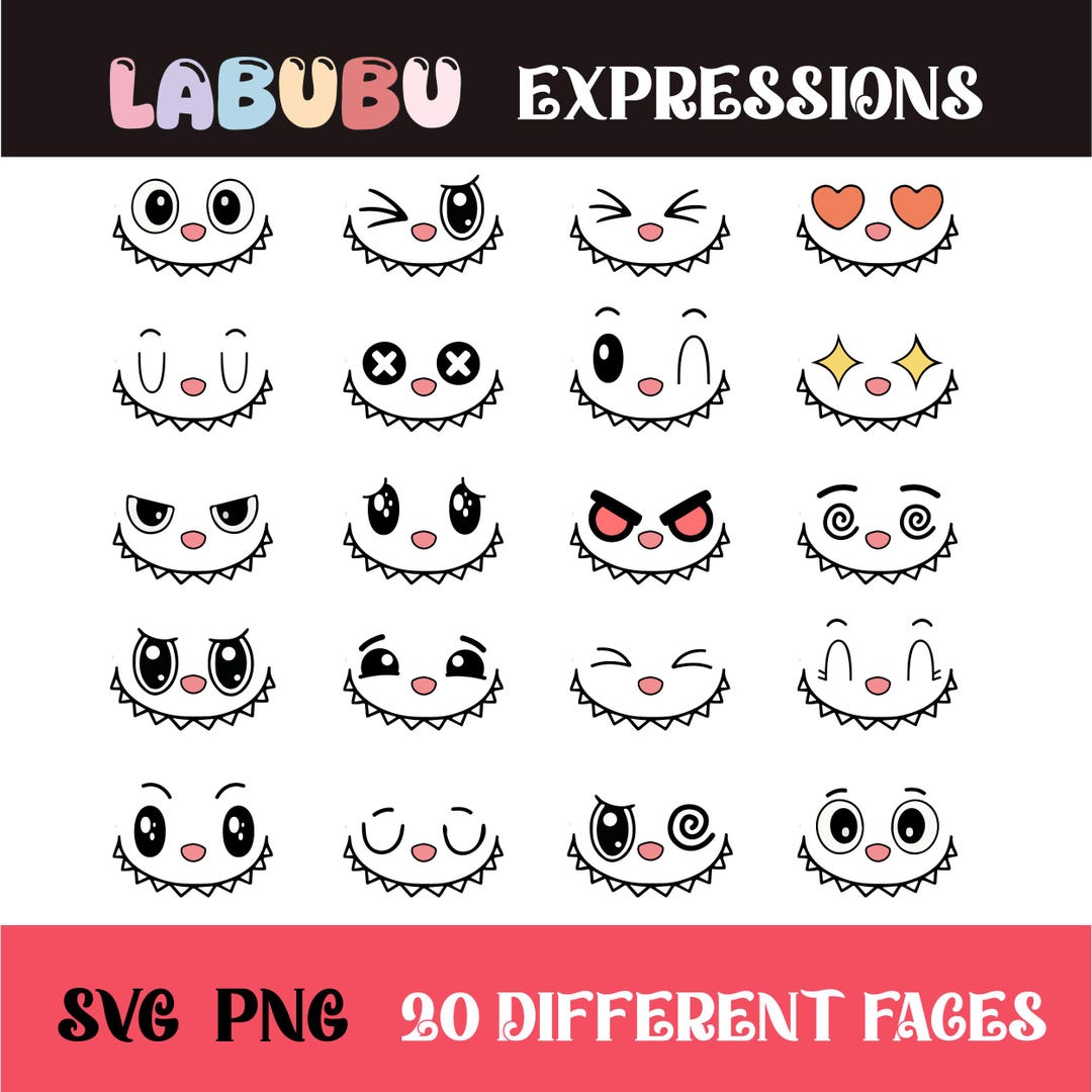 Labubu Expressions SVG & PNG Bundle – 20 Cute Labubu Faces, Kawaii ...
