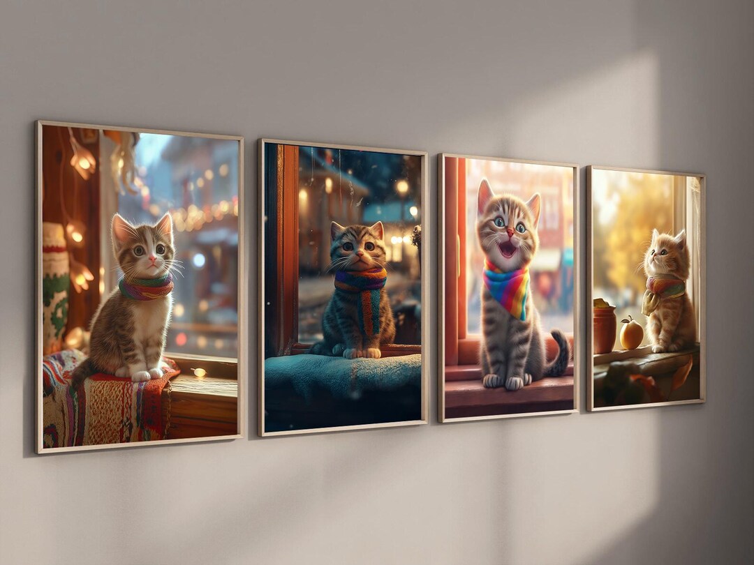 Set of 4 Printable Digital Cute Cat Wall Art Cat Lover Realistic Kitten ...
